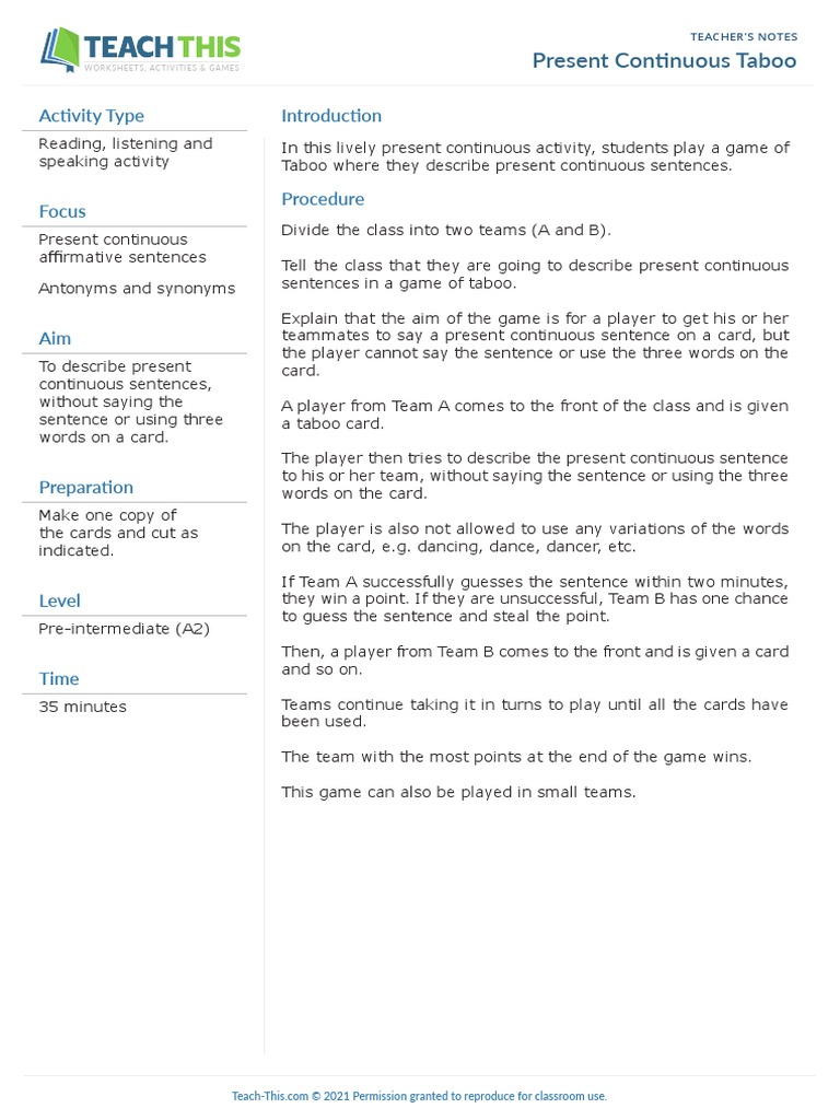 Present Continuous Taboo | PDF