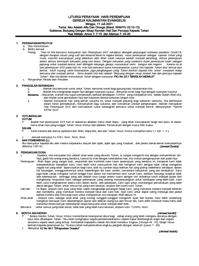 Liturgi Hari Perempuan Gke 2021.. | PDF