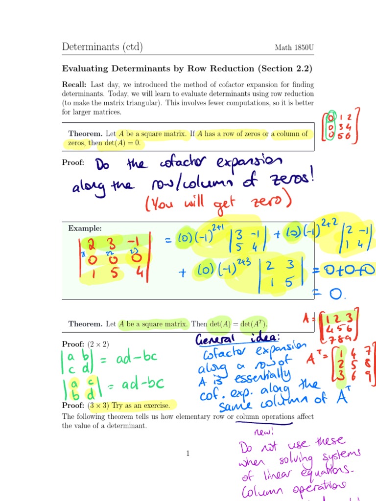 Determinants (CTD) : Evaluating Determinants by Row Reduction (Section ...