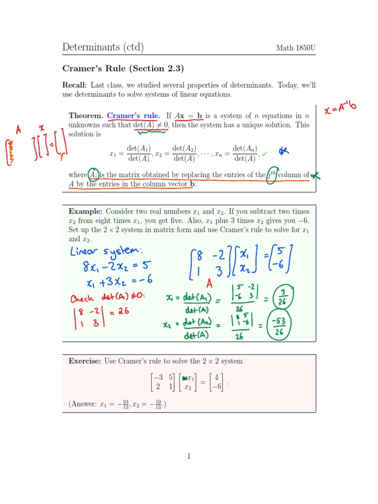 Determinants (CTD) : Cramer's Rule (Section 2.3) | PDF | Euclidean Vector | Determinant