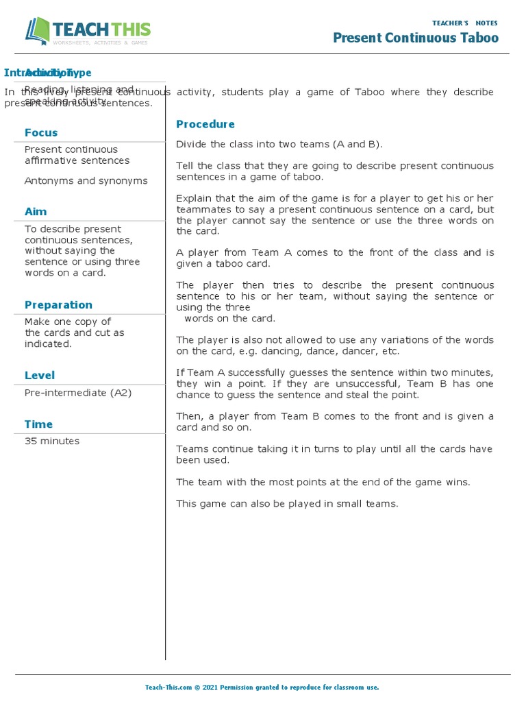 Present Continuous Taboo: Activity Type | PDF