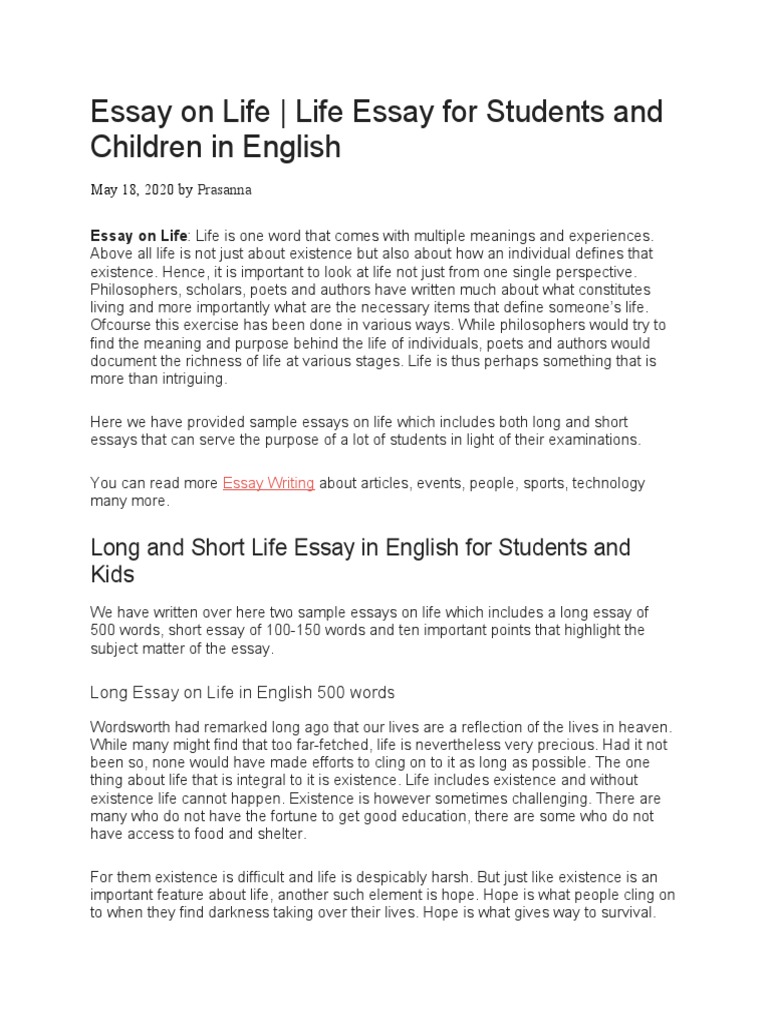 Essay On Life - Life Essay For Students and Children in English | PDF ...