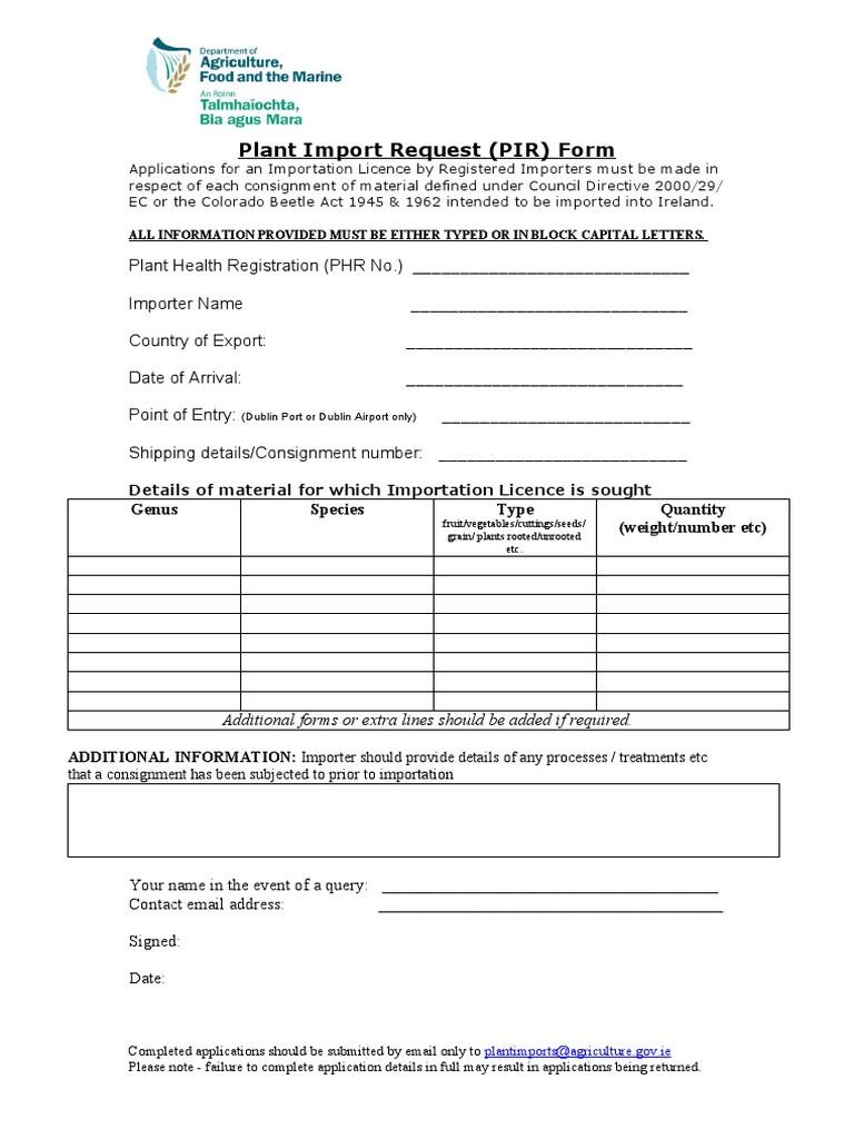 Plant Import Request (PIR) Form: Genus Species Type Quantity (Weight/number Etc) | PDF