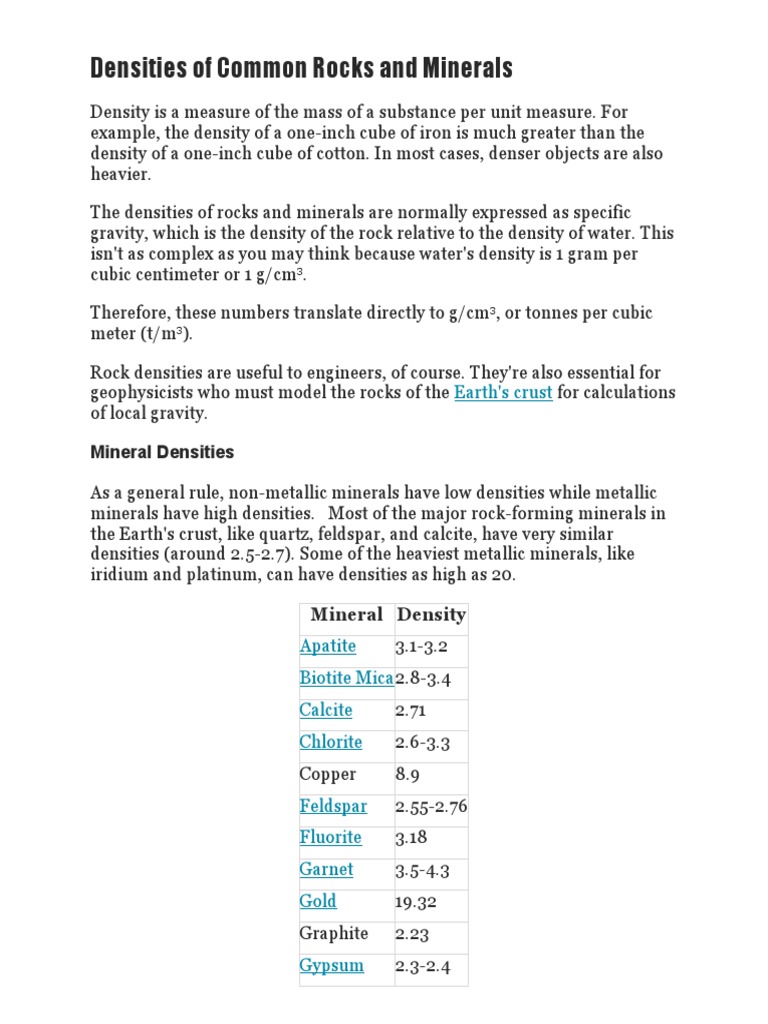 Densities of Common Rocks and Minerals | PDF | Rock (Geology) | Minerals