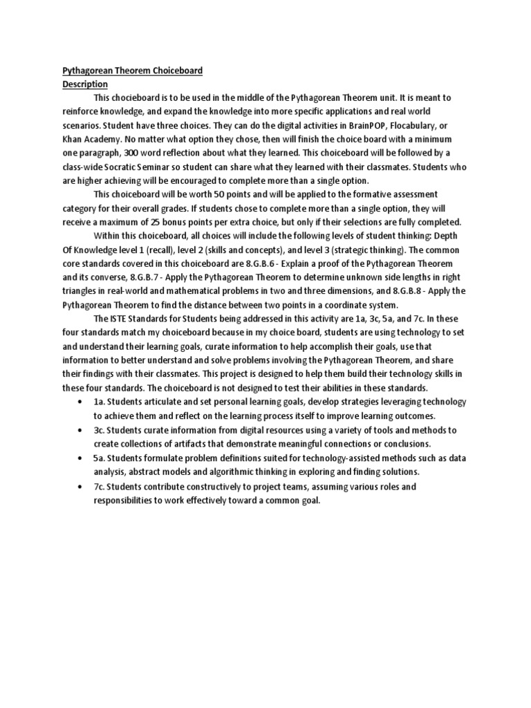Pythagorean Theorem Choiceboard Activity | PDF | Learning | Vocabulary