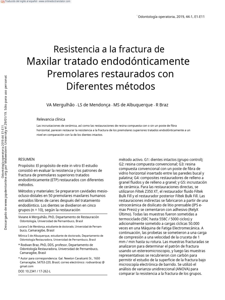 Resistencia Fractura Premolares Restaurados | PDF | Fractura ...