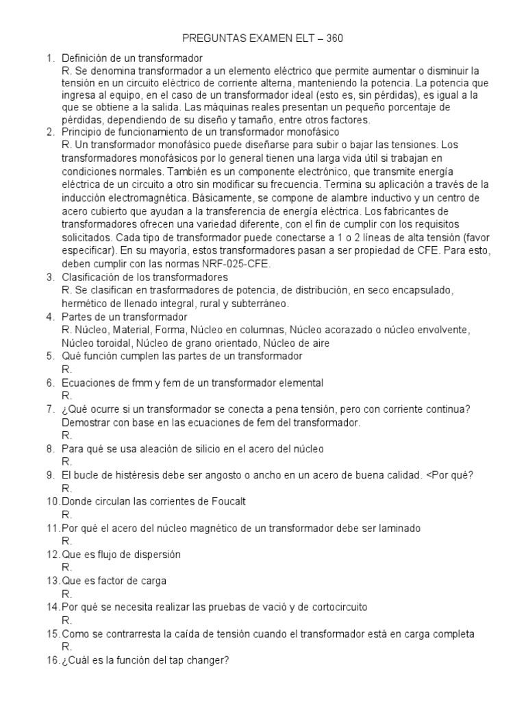 Preguntas Examen Elt | PDF | Transformador | Ingenieria Eléctrica