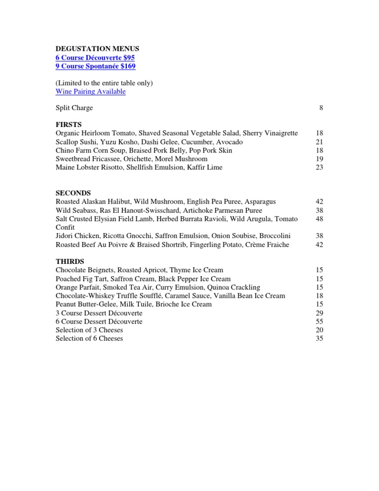 Gourmet Tasting Menu Selections | PDF