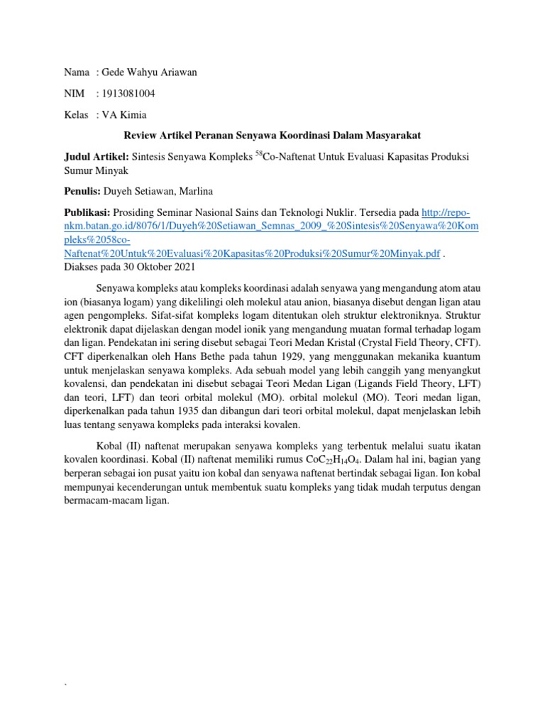 Tugas Review Senyawa Koordinasi - Gede Wahyu Ariawan - 1913081004 | PDF | Griya & Taman | Sains ...