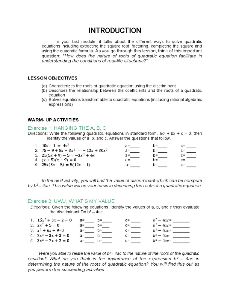 Lesson 2 Discriminant | PDF | Quadratic Equation | Equations