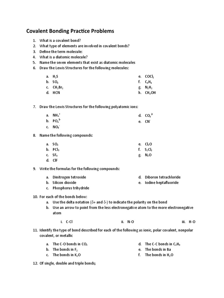 Covalent Bonding Practice Problems | PDF | Chemical Bond | Covalent Bond