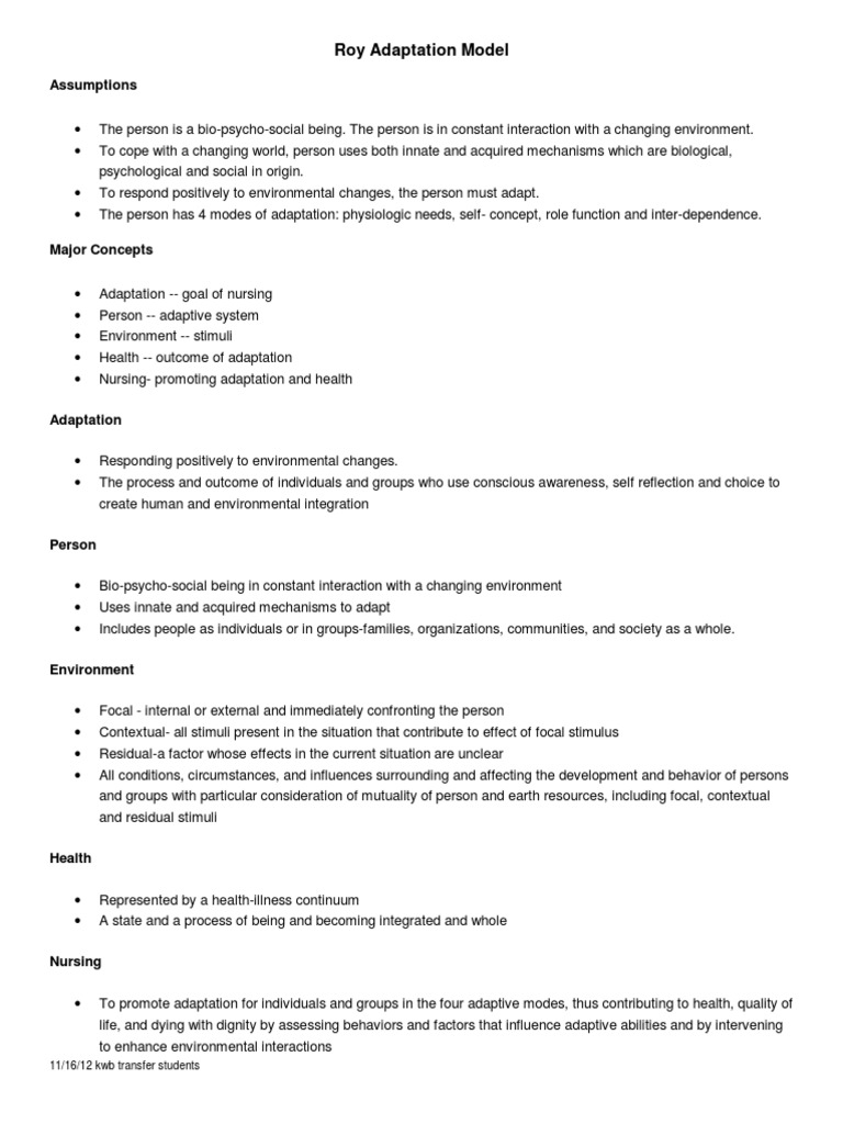 Roy Adaptation Model: Assumptions | PDF | Behavior | Self Concept