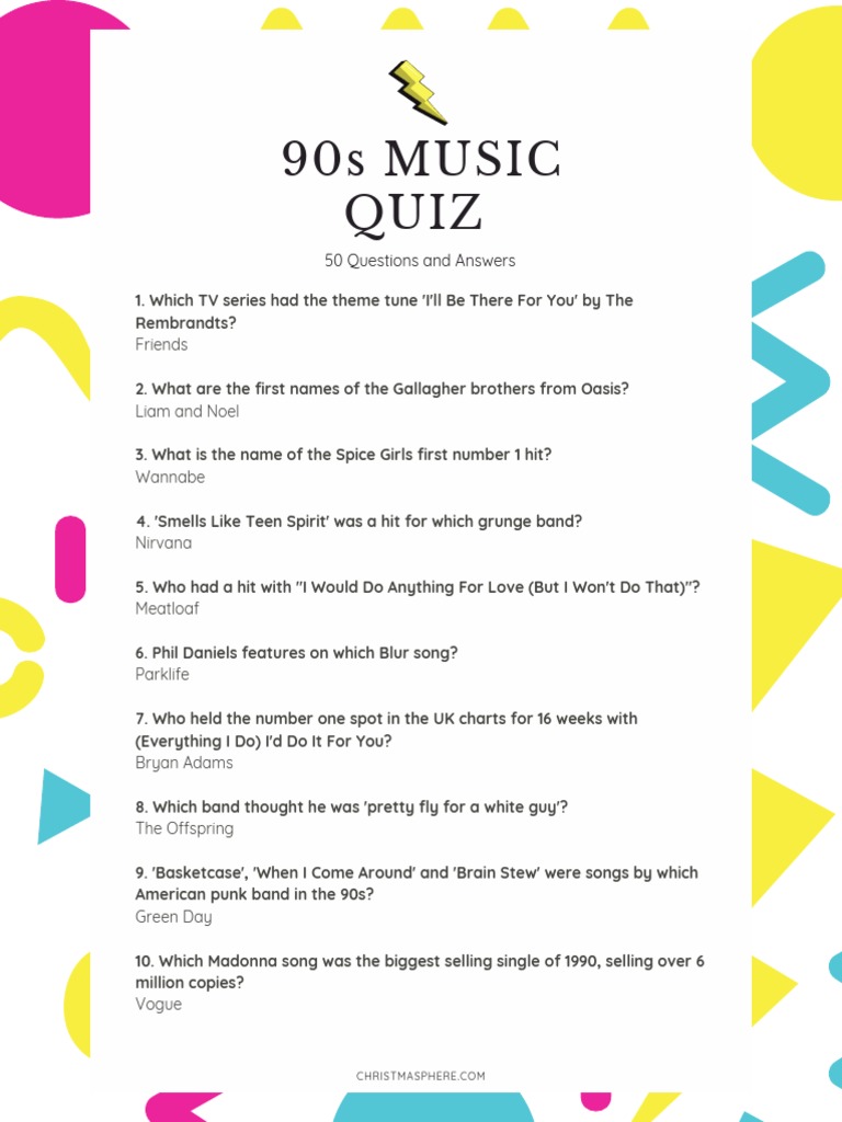90s MUSIC Quiz: 50 Questions and Answers | PDF | Music Industry