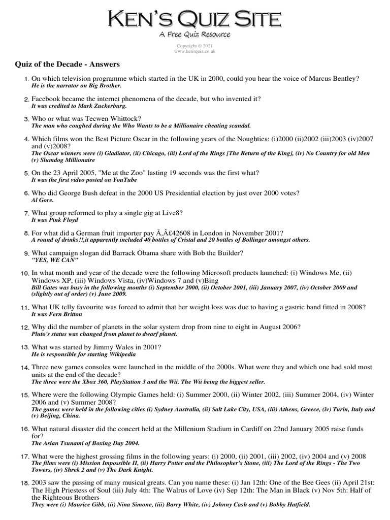 2000s Quiz of The Decade Questions Answers | PDF