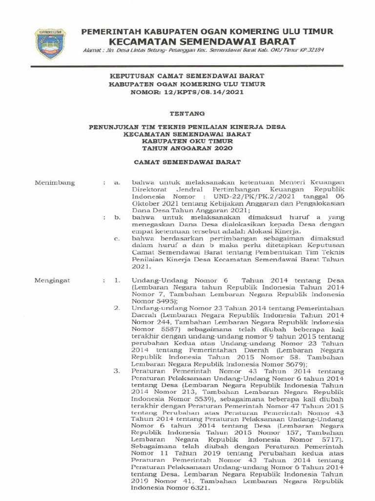 SK Camat Tim Penilaian Kinerja Desa | PDF