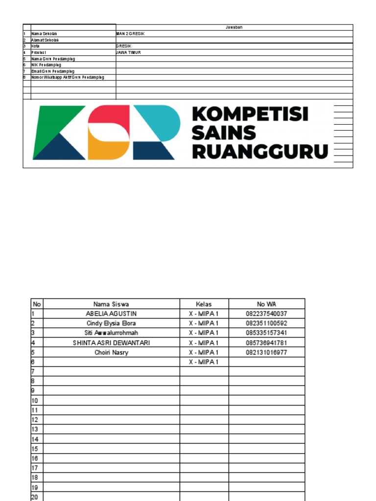 Form Pendaftaran KSR 2021 - MAN 2 GRESIK | PDF