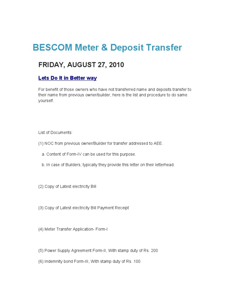 BESCOMMeter Transfer Process | PDF | Photocopier | Government