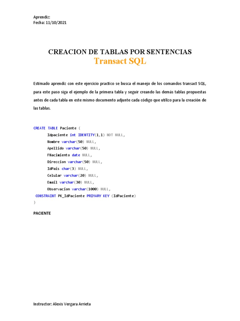 CREACION DE TABLAS POR SENTENCIAS Transact SQL | PDF | Métodos y ...