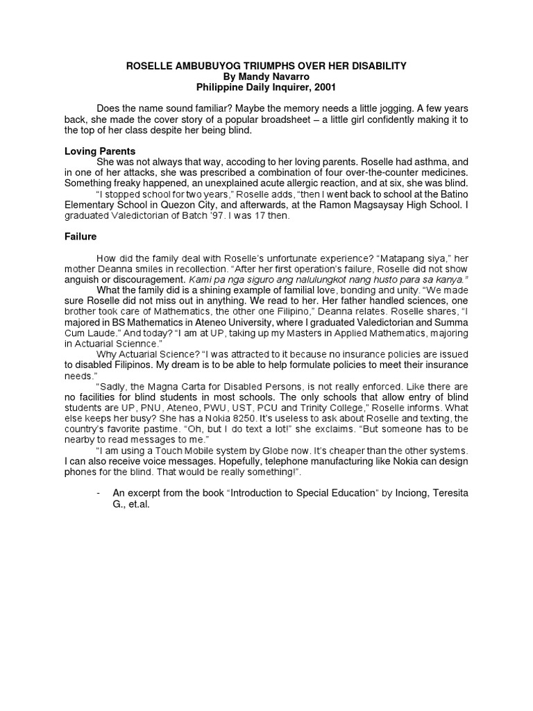 Roselle Ambubuyog Triumphs Over Her Disability Pdf