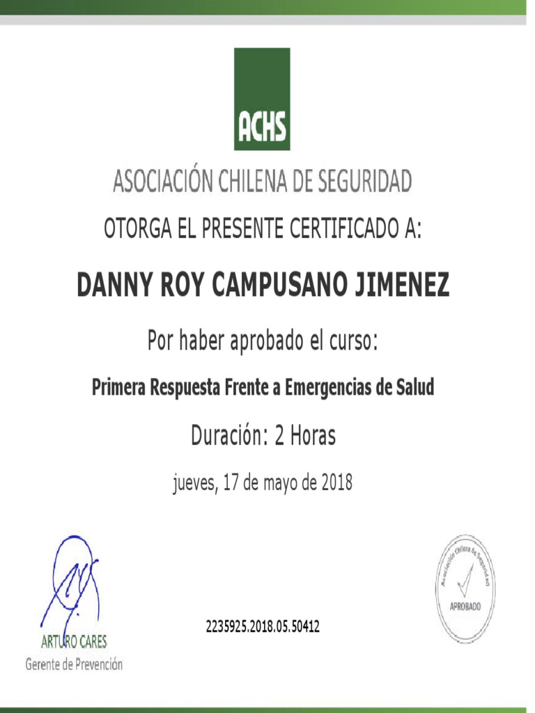 Certificado de Primera Respuesta en Salud | PDF | Crecimiento personal ...