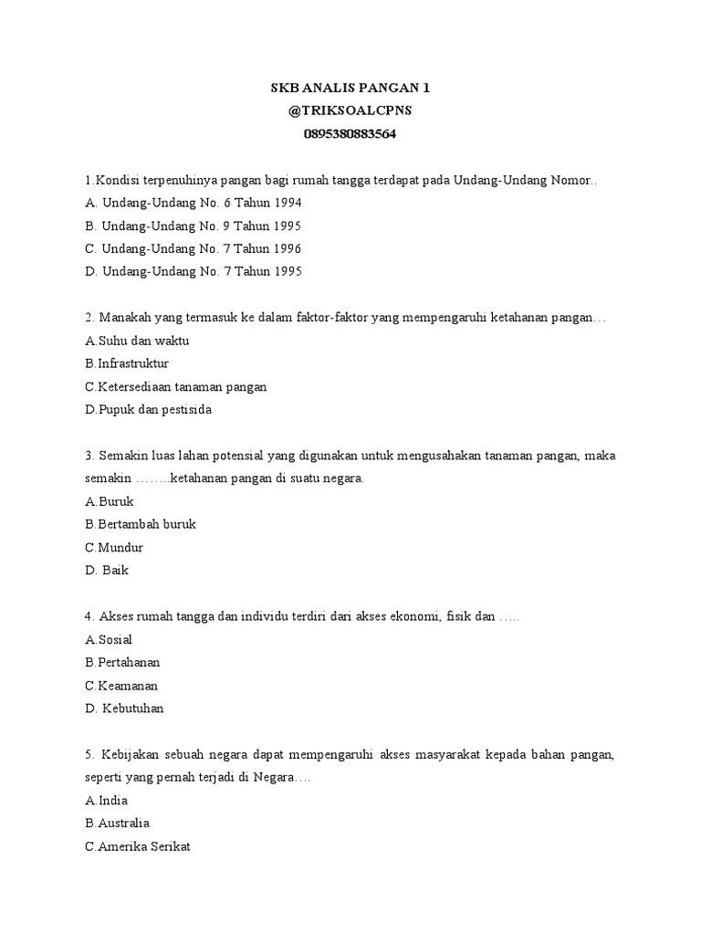 Latihan Soal SKB ANalis Ketahanan Pangan 1 | PDF