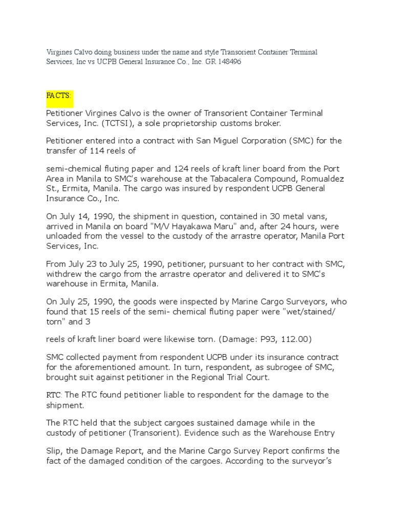 Virgines Calvo Doing Business Under The Name and Style Transorient ...