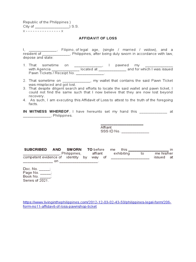 Affidavit of Loss (Pawn Ticket) | PDF