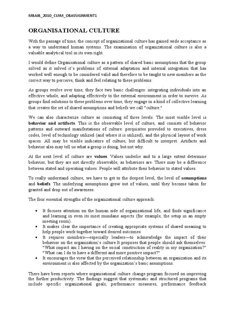 Organisational Culture: Behavior and Artifacts. This Is The Observable ...