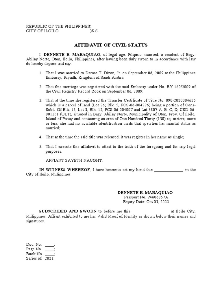 Affidavit of Civil Status in Iloilo | PDF | Politics