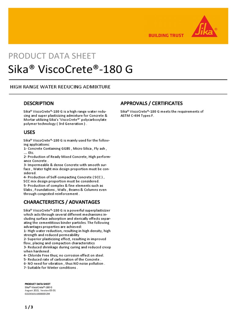 Sika® Viscocrete®-180 G: Product Data Sheet | PDF | Concrete | Physical ...