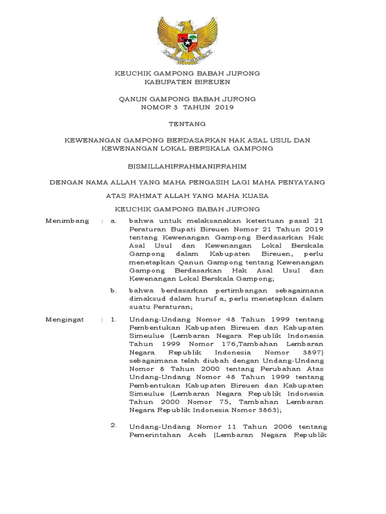 Qanun Gampong Bireun - Kewenangan Gampong | PDF