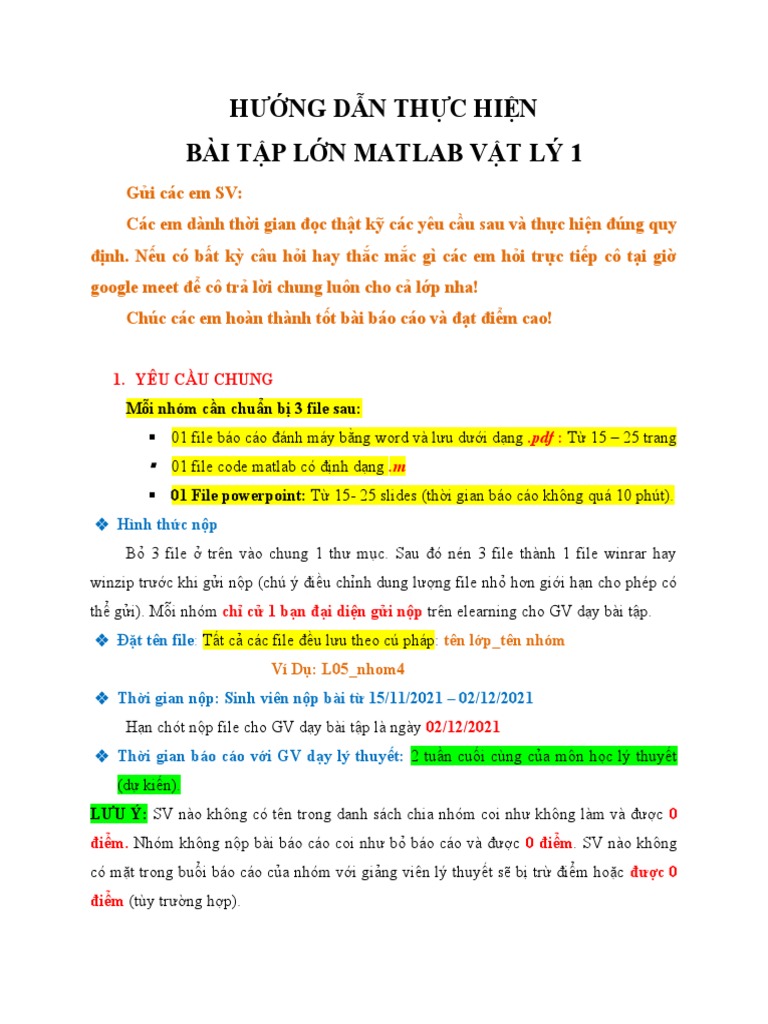 Hướng dẫn thực hiện BTL Matlab môn Vật lý 1 | PDF