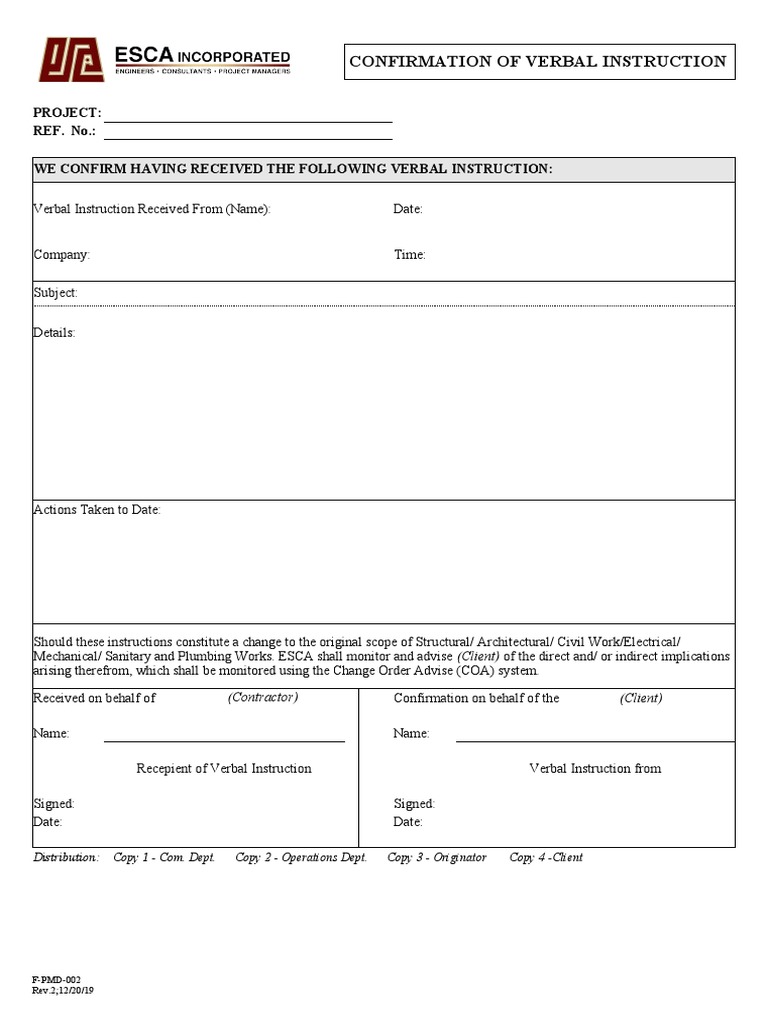 F-PMD-002 - Rev2 - Confirmation of Verbal Instruction | PDF