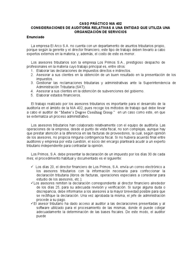 Caso Práctico Nia 402 Consideraciones de Auditoría Relativas A Una ...