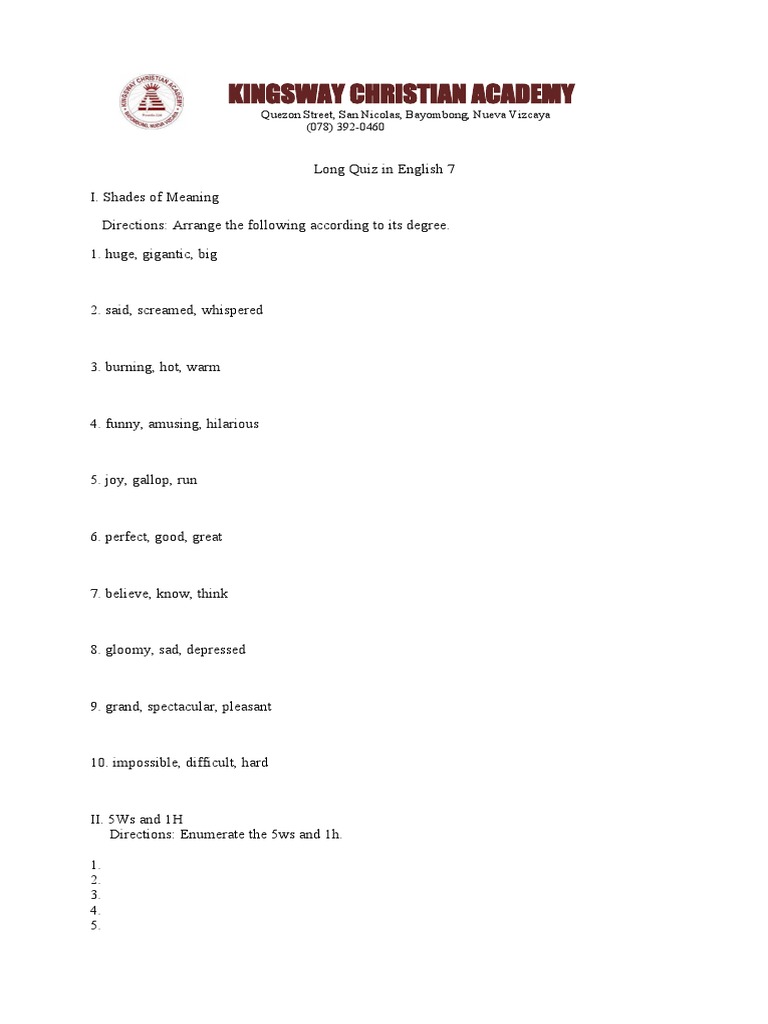 Long Quiz in English 7 | PDF | Religion & Spirituality