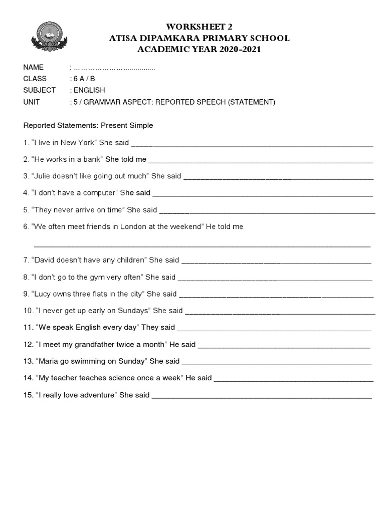 Worksheet 2 Grade 6 Reported Speech | PDF
