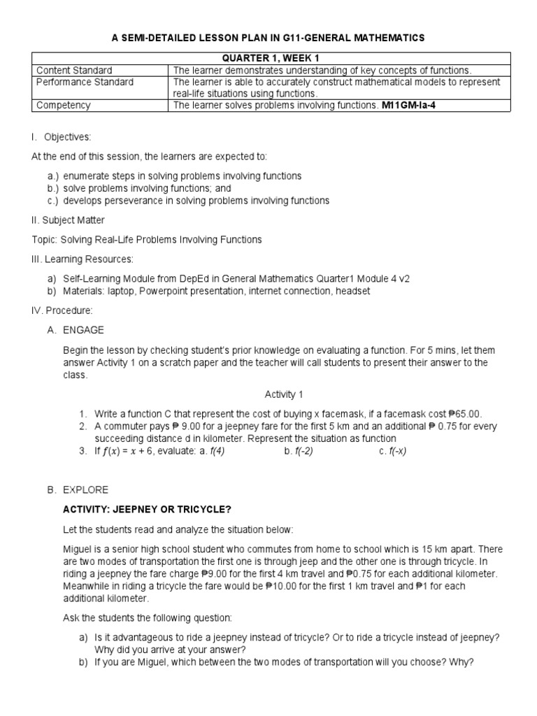A Semi-Detailed Lesson Plan in G11-General Mathematics Quarter 1, Week ...