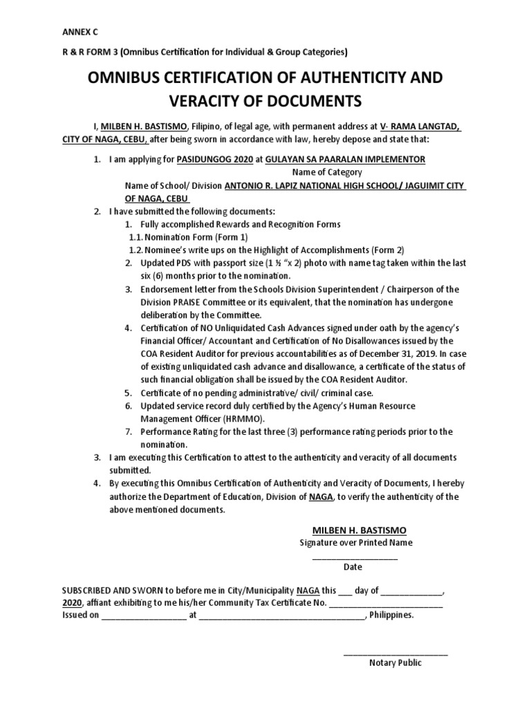 Omnibus Certification of Authenticity and Veracity of Documents | PDF ...