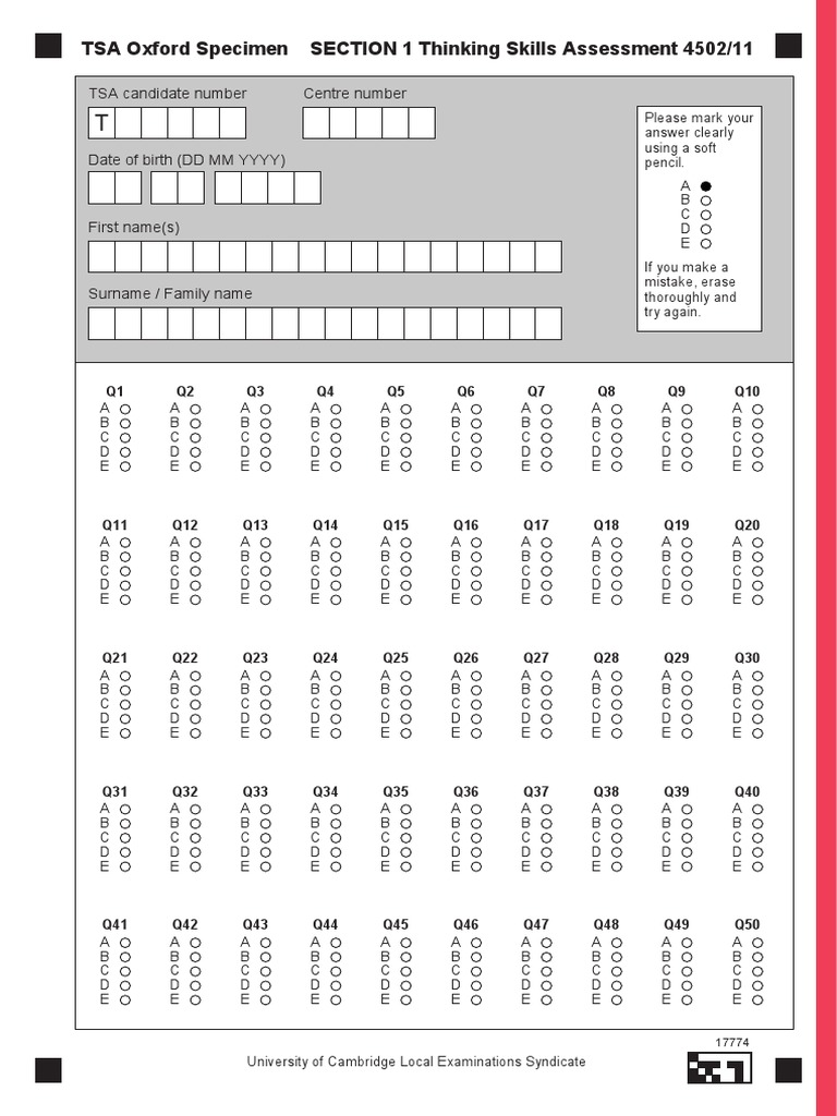 00tsa Oxford Specimen Answer Sheet | PDF