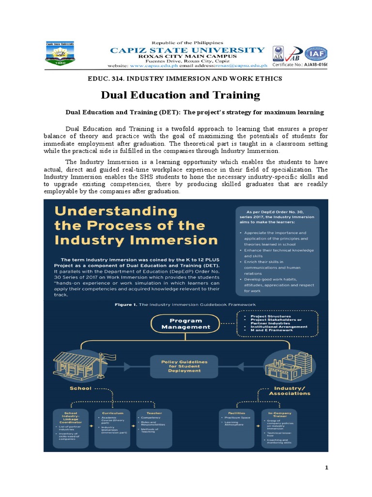 Dual Education and Training: Educ. 314. Industry Immersion and Work ...