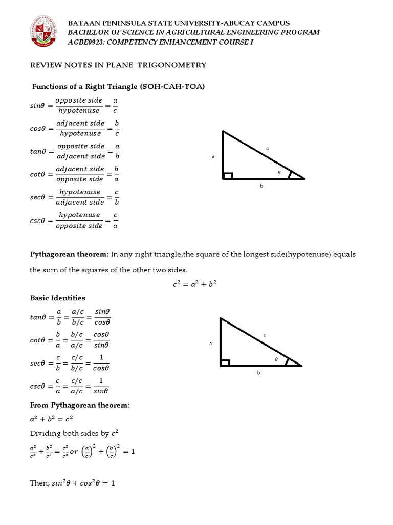 Review Notes in Plane Trigonometry Functions of A Right Triangle (SOH ...