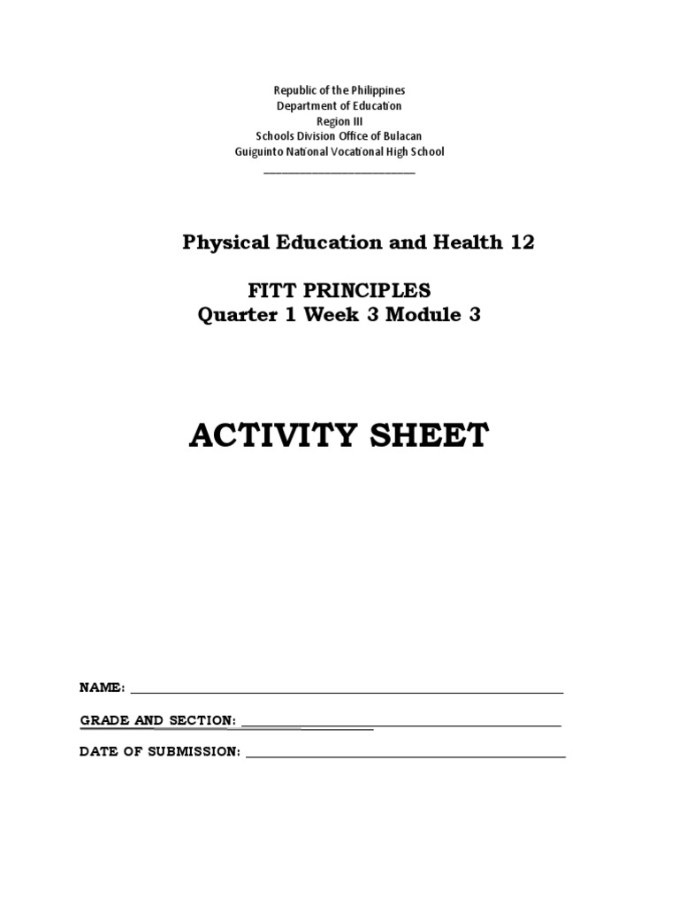 Activity Sheet: Physical Education and Health 12 Fitt Principles ...
