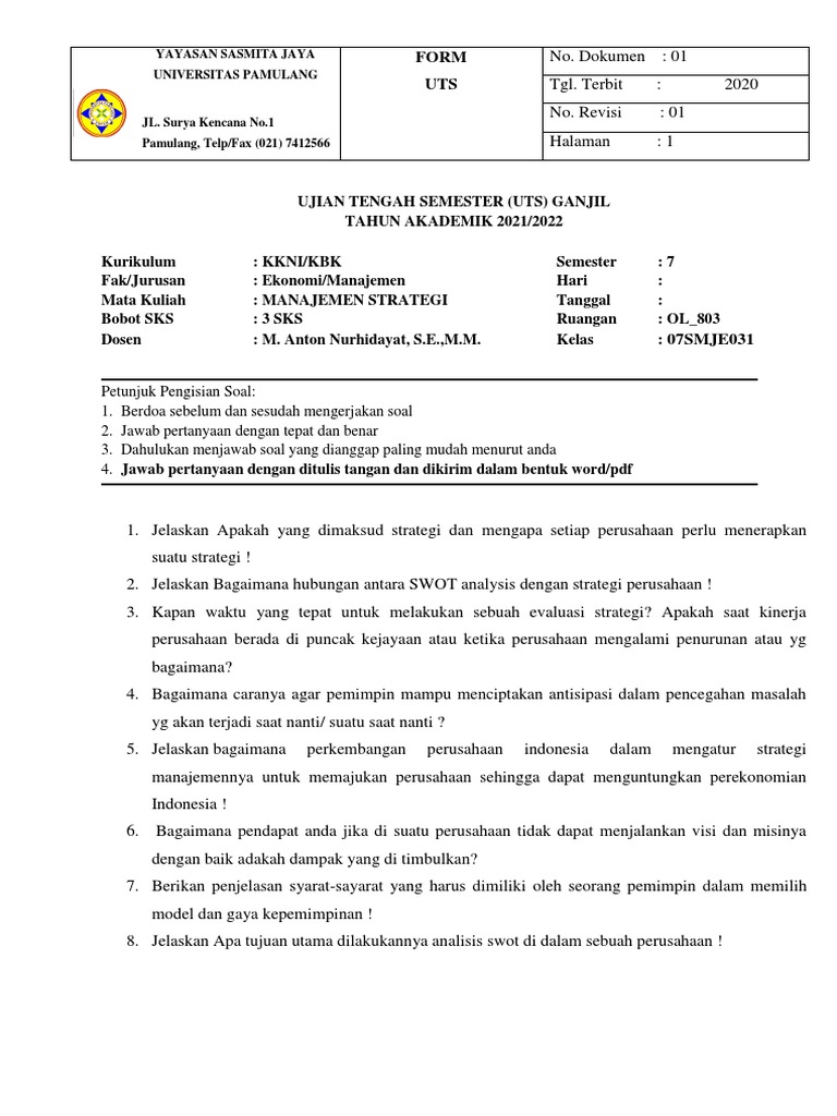 Soal Uts Manajemen Strategi.07smje031 | PDF | Bisnis | Ilmu Sosial