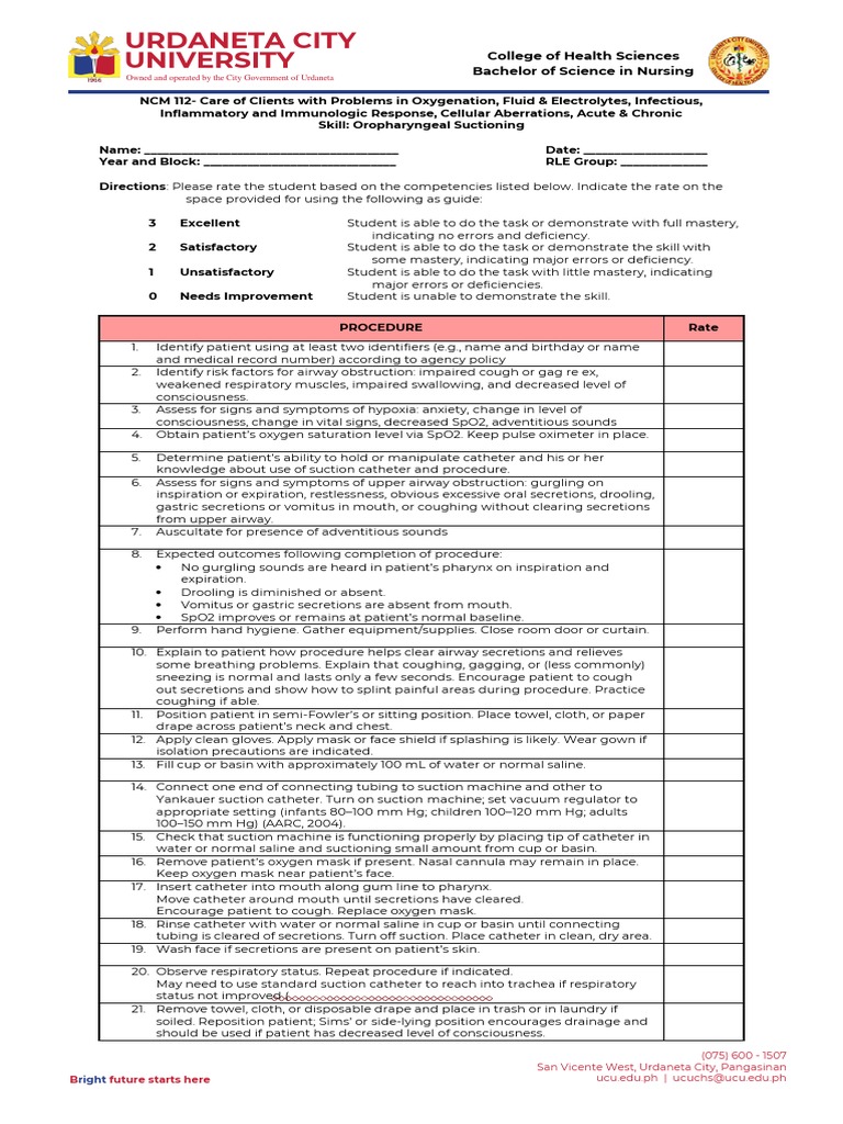 NEW CHECKLIST Oropharyngeal Suctioning | PDF | Respiratory Tract | Hygiene