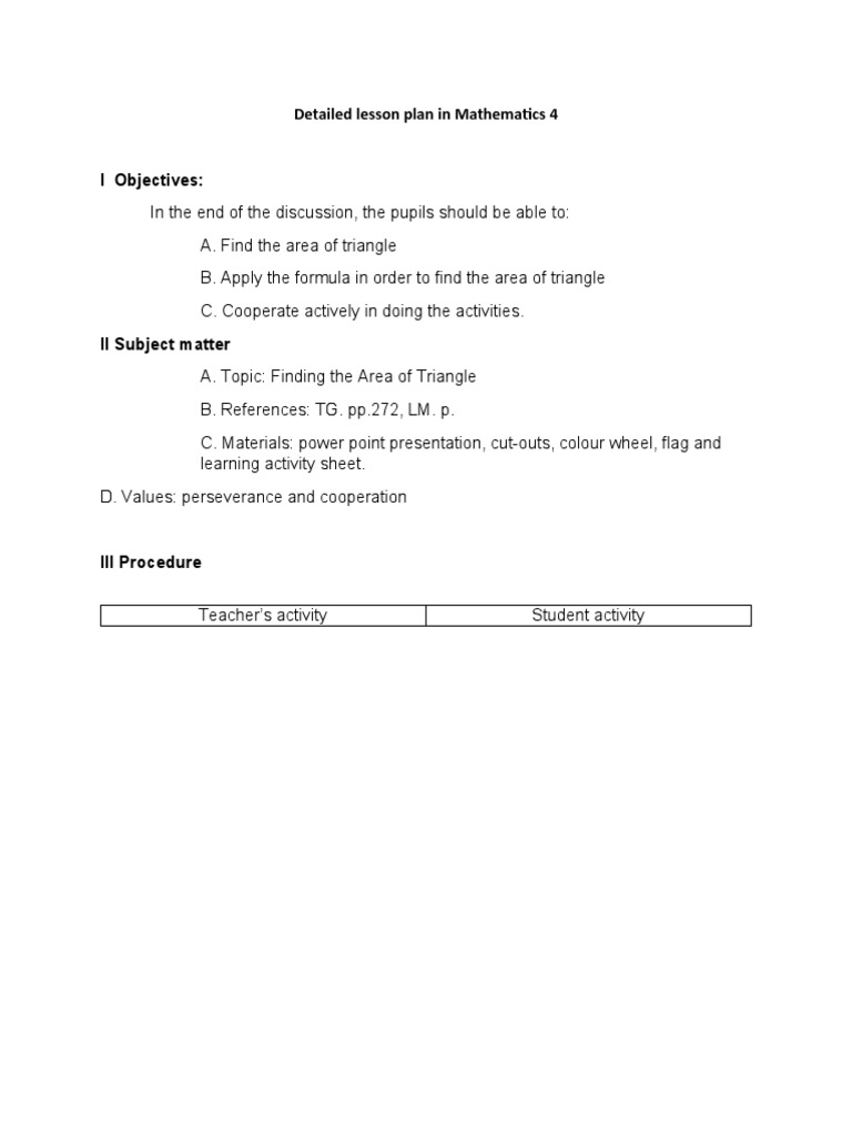 Detailed Lesson Plan in Mathematics 4 | PDF | Area | Rectangle