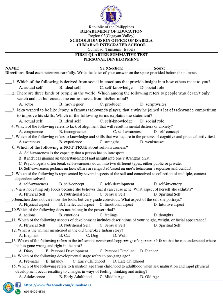 Grade 12 Personal Development Test Key | PDF | Stress (Biology) | Brain