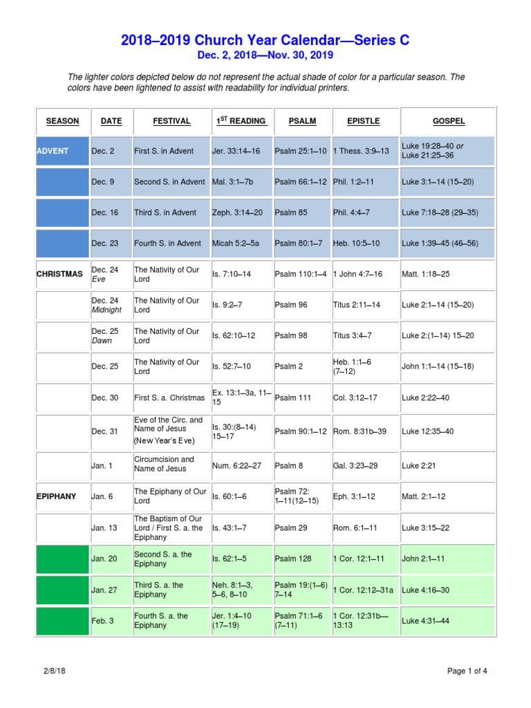 2018 - 2019 Church Year Calendar-Series C: Dec. 2, 2018 - Nov. 30, 2019 ...