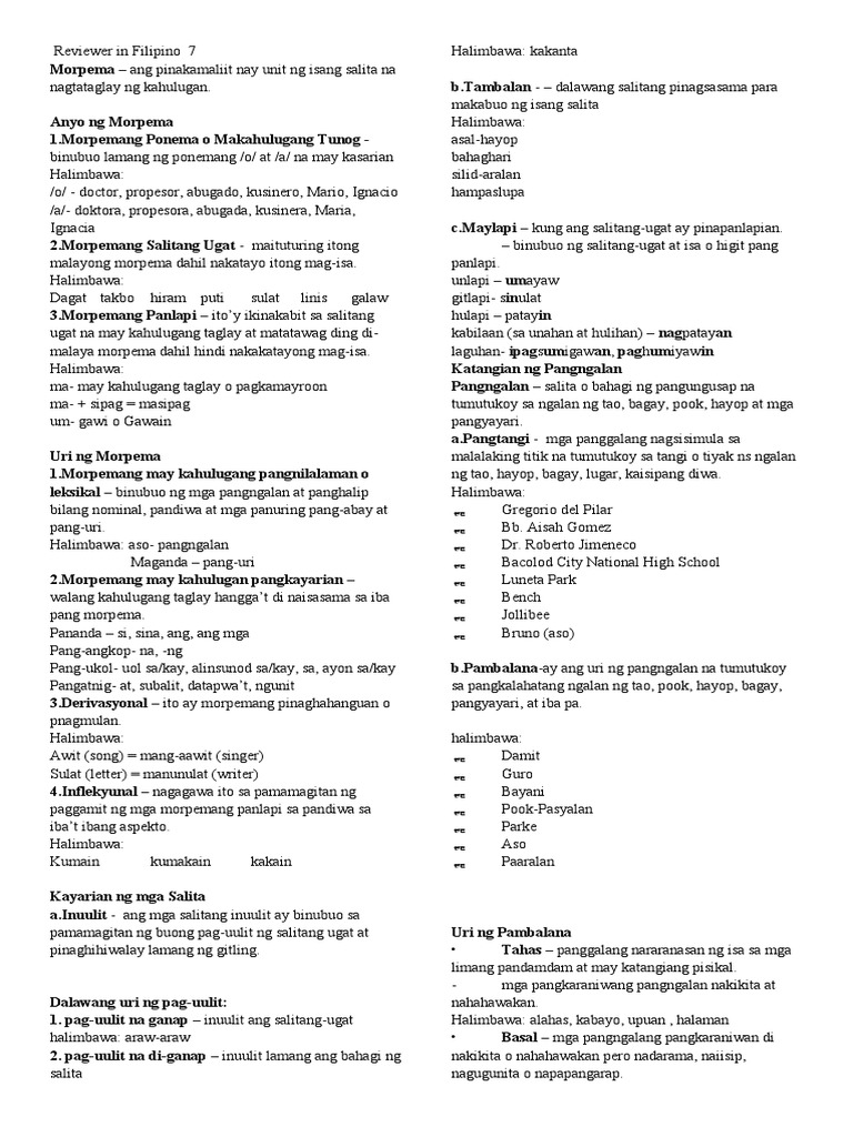 Reviewer in Filipino 7 | PDF