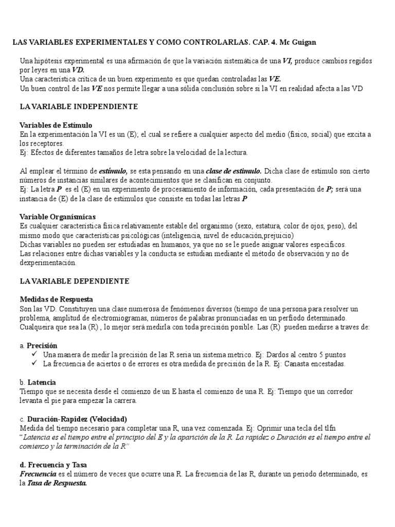 McGuigan. Las Variables Experimentales y Como Controlarlas. Cap 4 | PDF ...