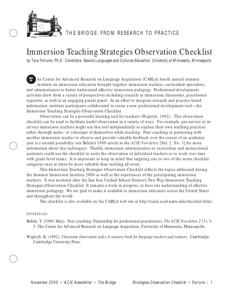 Immersion Teaching Strategies Observation Checklist: The Bridge: From ...